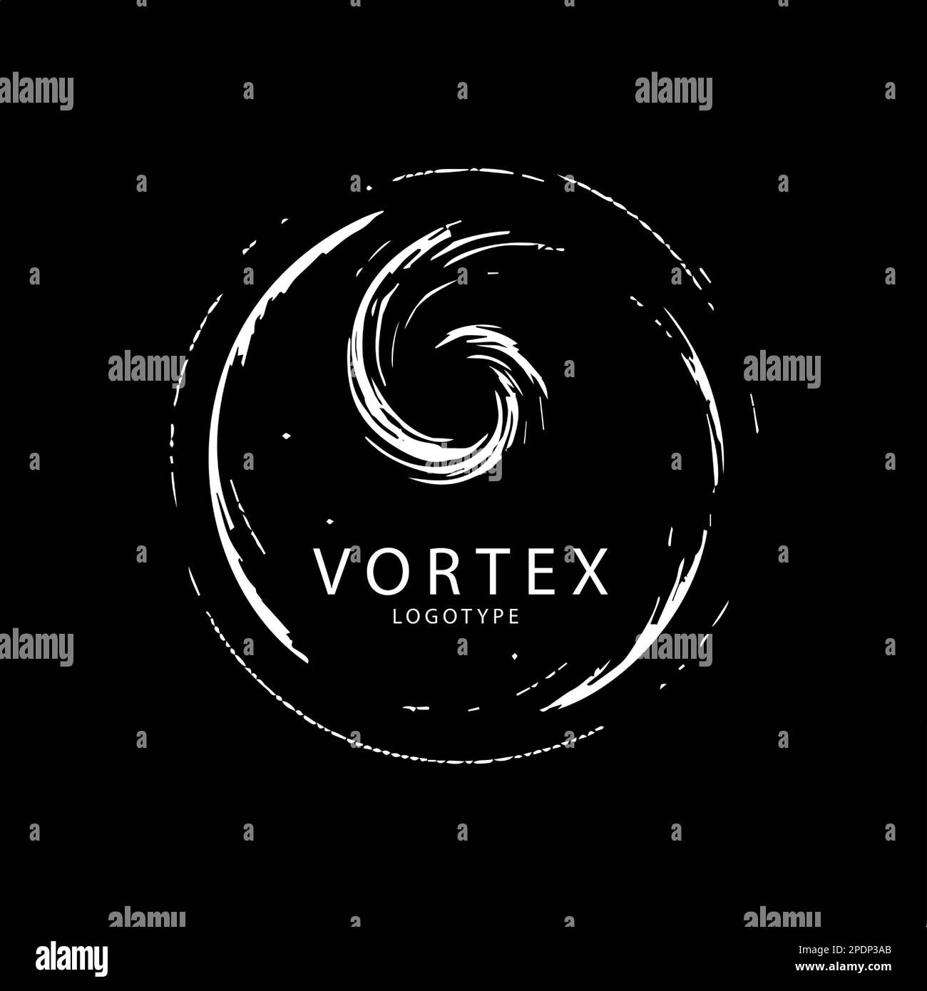 Minimalistic tornado logo template of vortex silhouette on black background, hurricane logotype ...