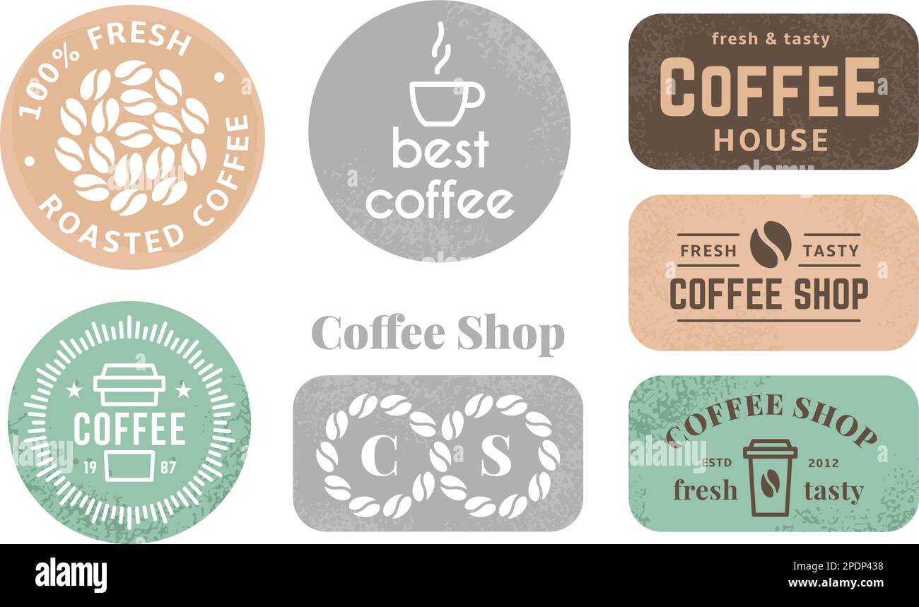 Coffee shop, cafe grunge labels. Messy textured stickers, decorative ...