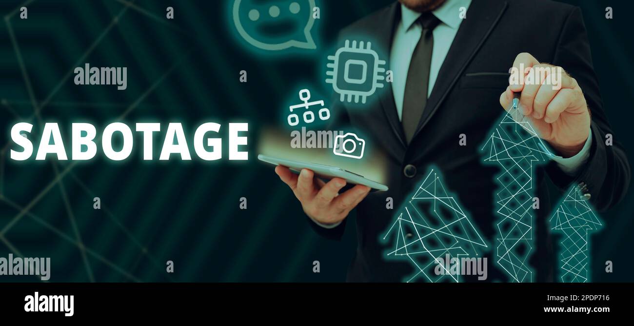 Conceptual caption Sabotage. Business idea destruction of an employer's ... Conceptual caption Sabotage. Business idea destruction of an employer's ...