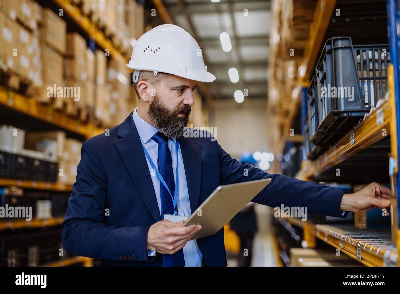 Manager in suit controlling goods in a waehouse Stock Photo - Alamy