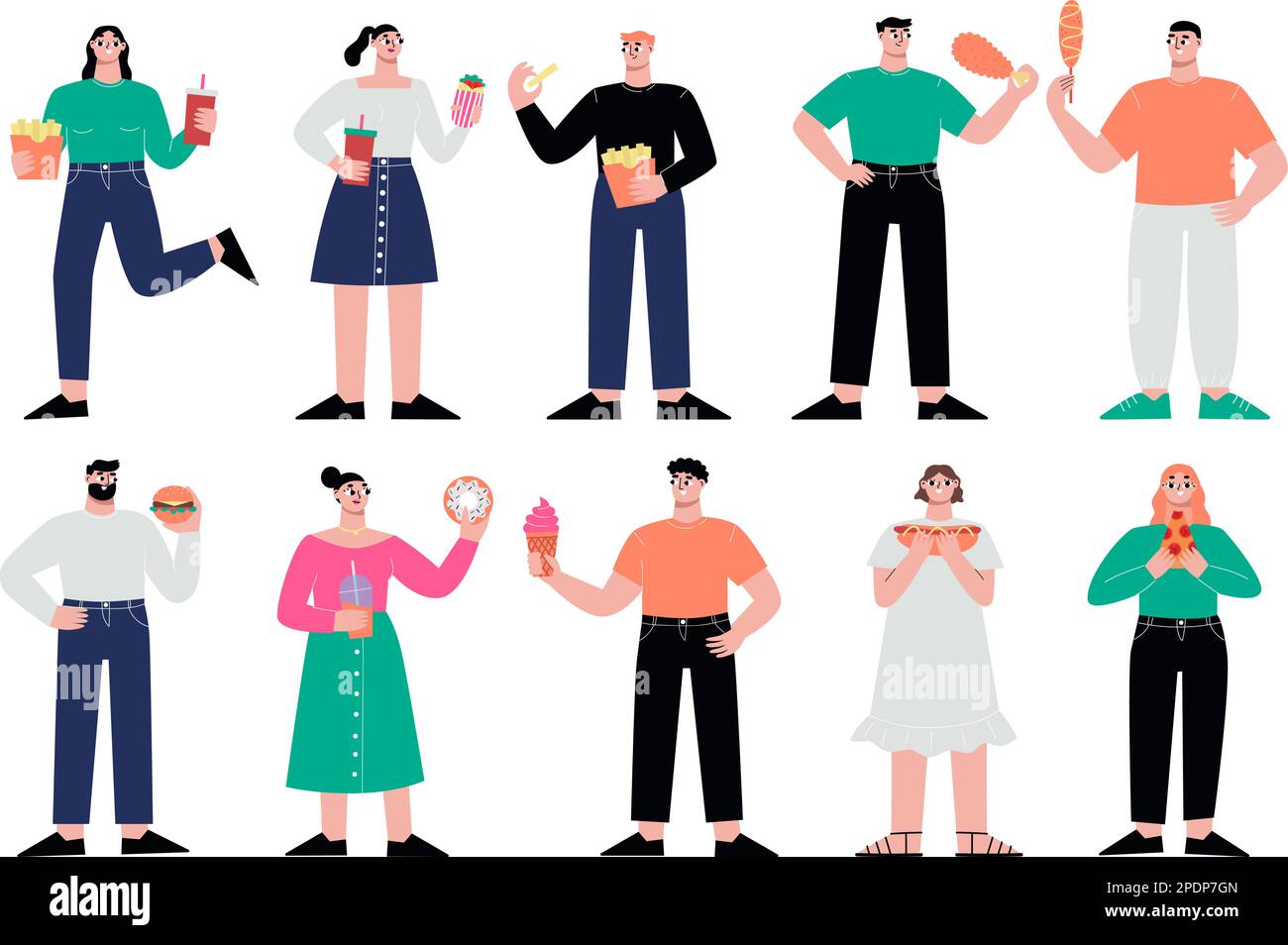 People hold fast food. Eating snack and beverages, person eat pizza ...