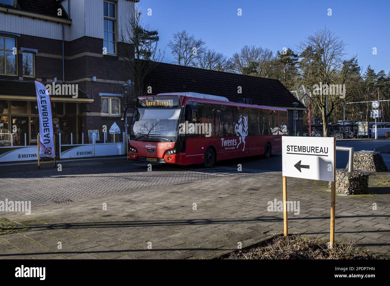 OMMEN - An empty regional transport bus at the bus stop in front of a ...