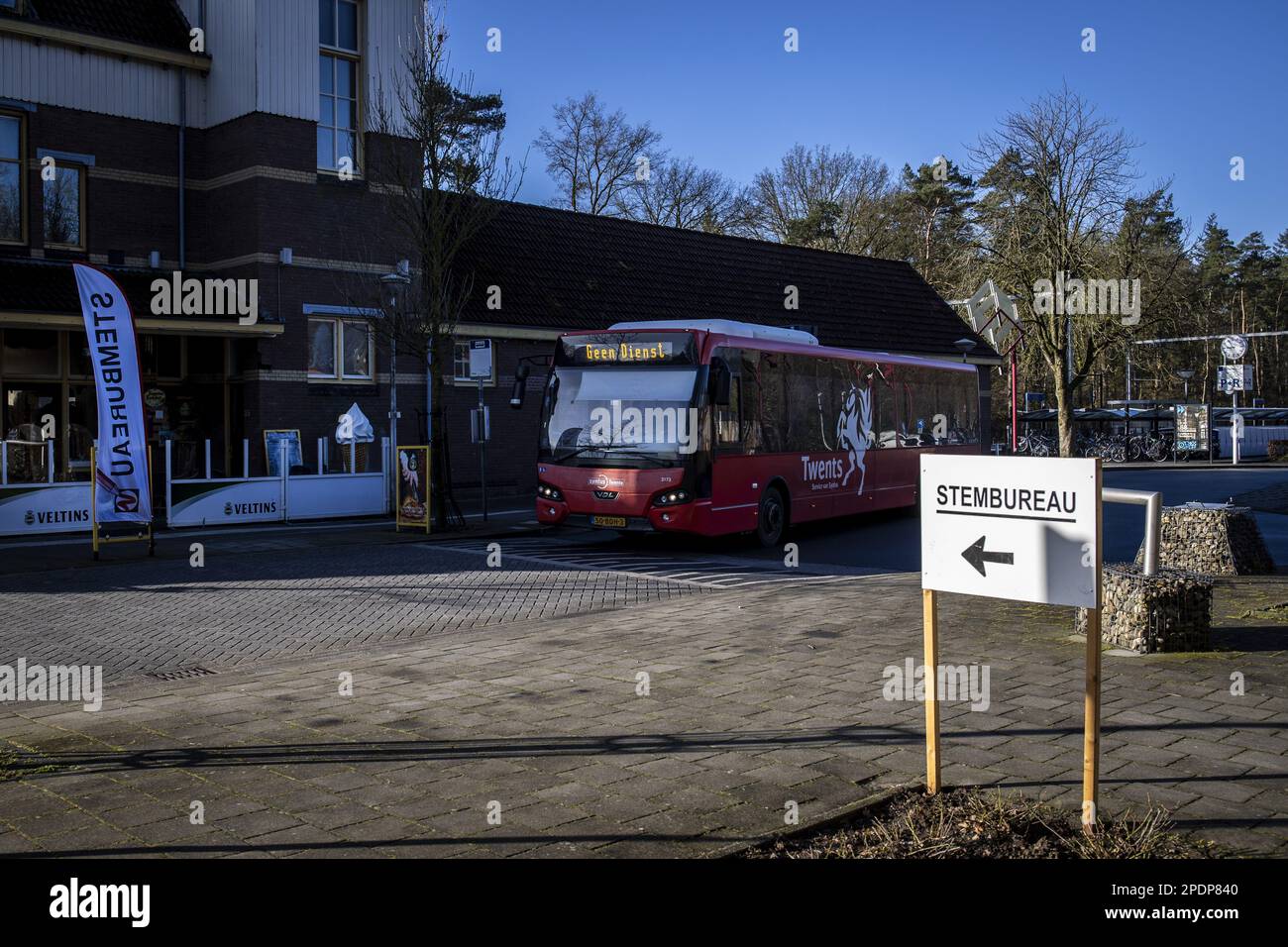 OMMEN - An empty regional transport bus at the bus stop in front of a ...