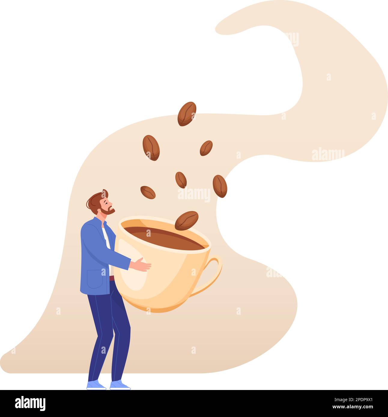 Huge coffee cup. Overworked business man hugging mug with caffeine ...