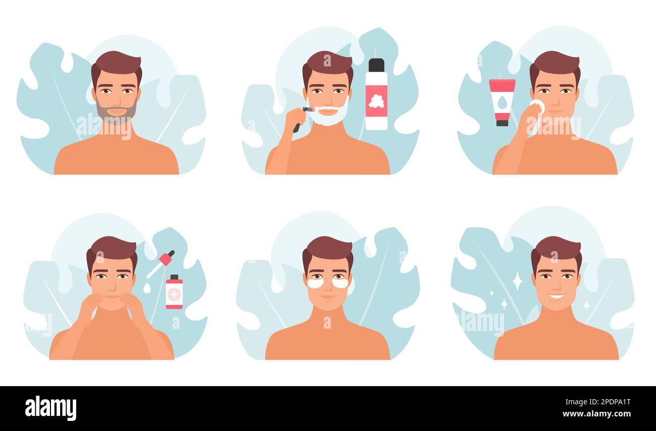 Shaving and facial skincare routine of man in bathroom set vector illustration. Cartoon male ...