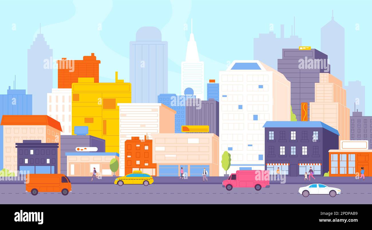 Panoramic cityscape traffic. Morning downtown moving people and taxi ...