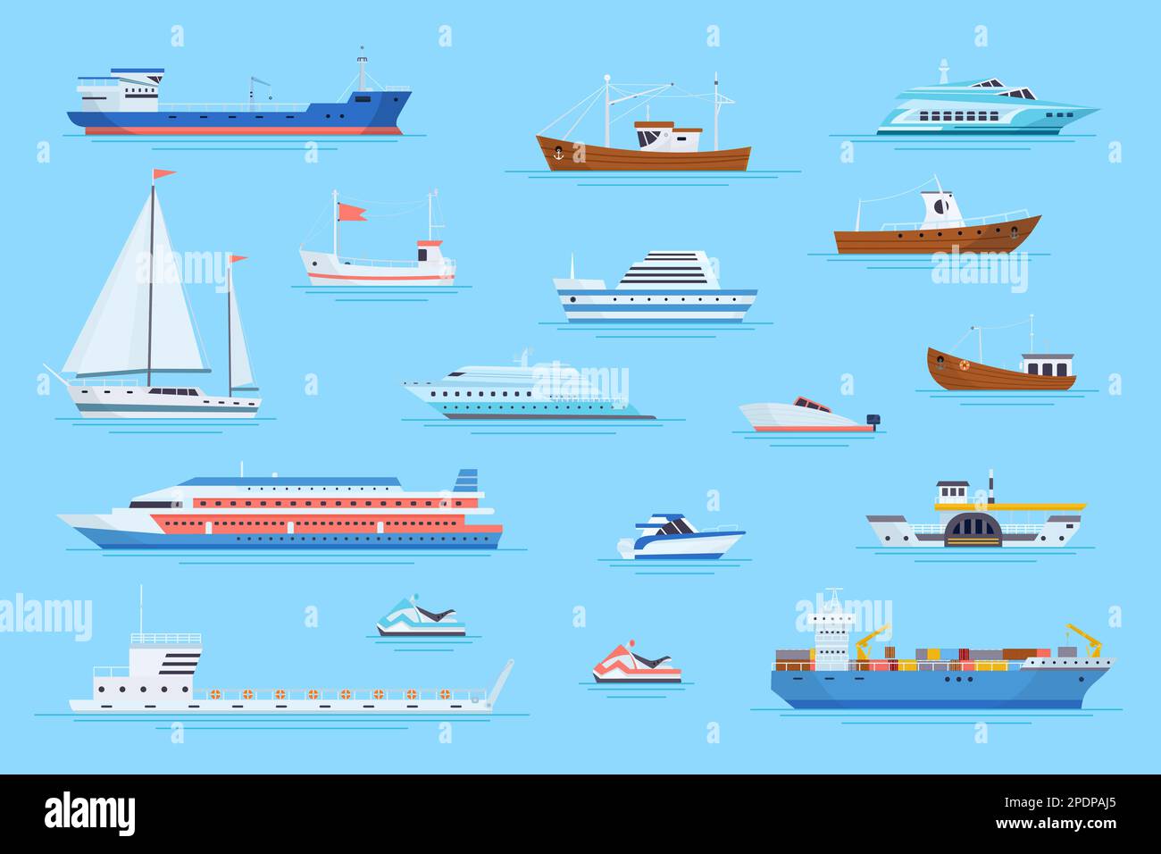 Cartoon ships harbor. Marine carrier boats on river ferry port dock side view, ocean tanker ...