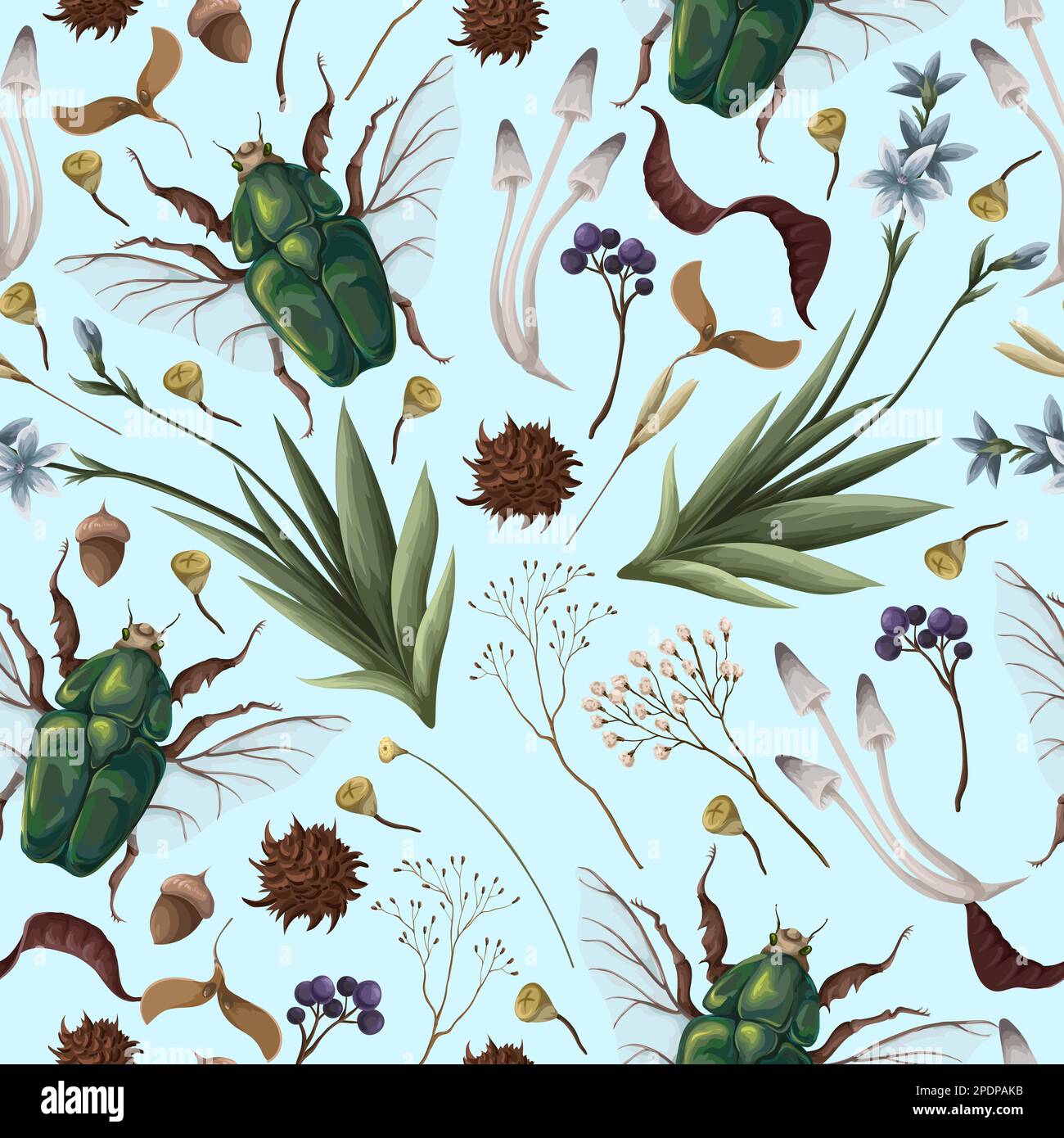 Seamless pattern with bugs, mushroom and berries. Vector Stock Vector ...