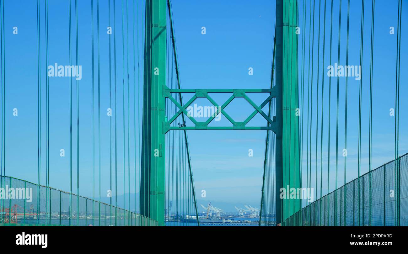 A minimalistic view of the modern suspension bridge structure on the ...