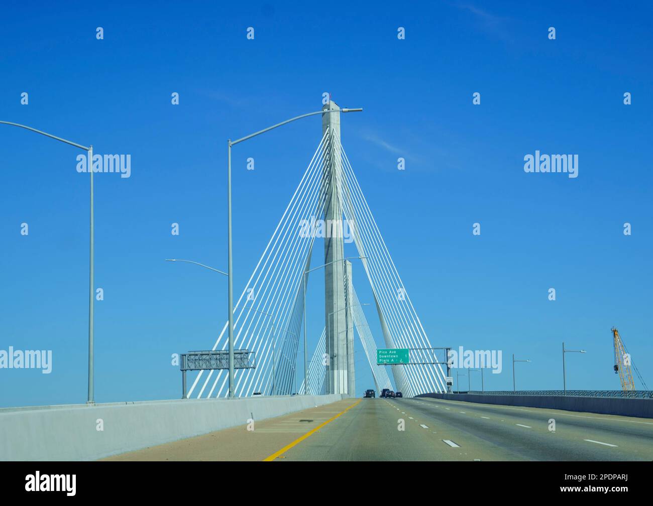 A minimalistic view of the modern suspension bridge structure on the ...