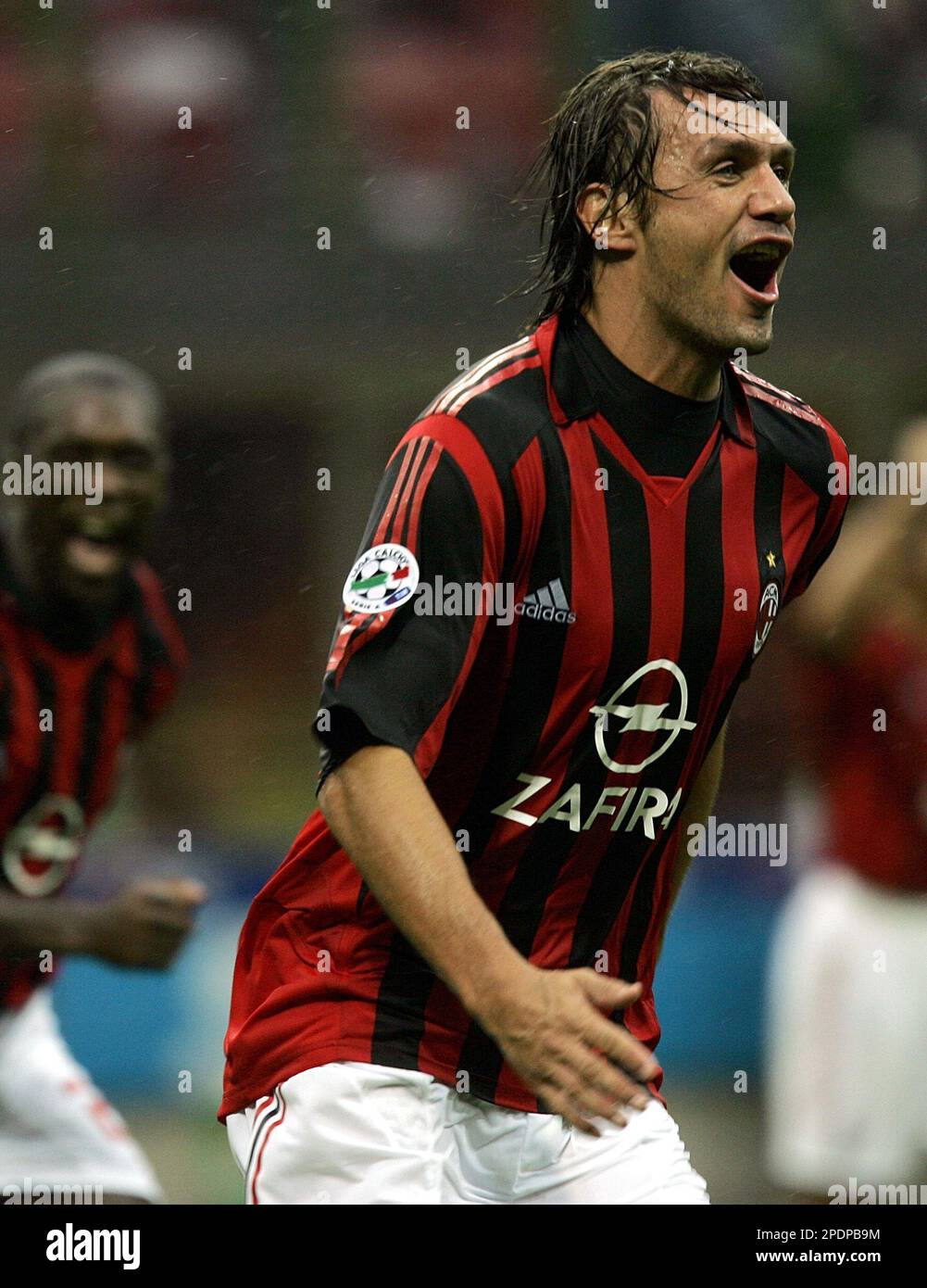 AC Milan captain Paolo Maldini reacts after scoring during an Italian ...