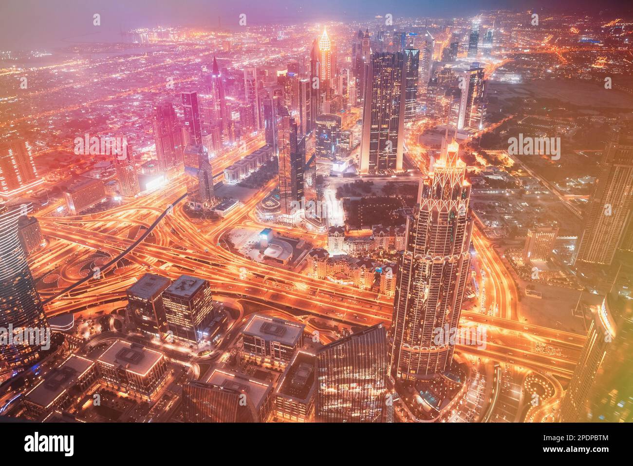 Aerial View Of Evening Night Traffic Of Dubai. City Street Night Illumination Of Residential ...