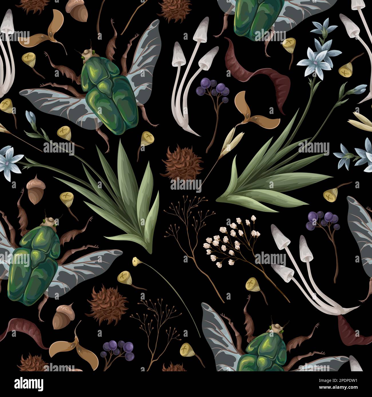 Seamless pattern with bugs, mushroom and berries. Vector Stock Vector ...