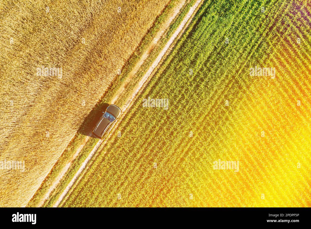 Elevated Aerial View Of Green Car Vehicle Automobile On Countryside ...
