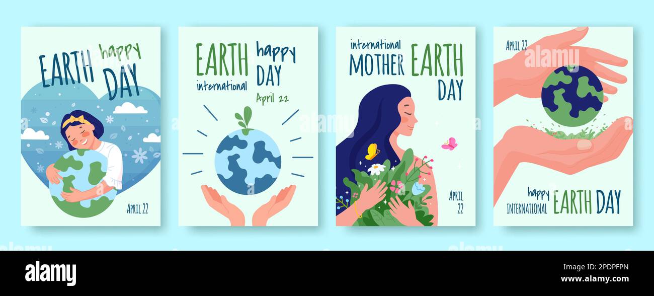 Renewable earth posters. World planet day card, girl hugging green ...
