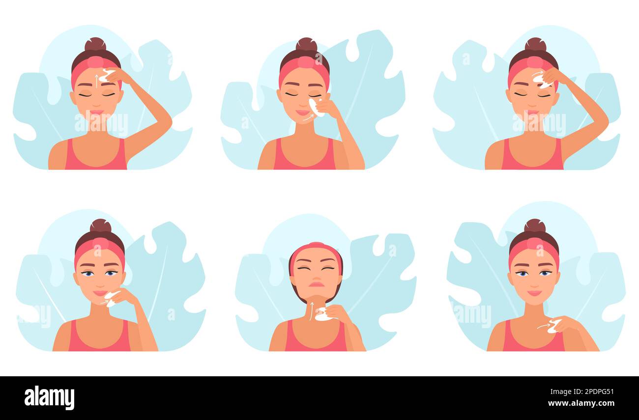 Gua sha massage set vector illustration. Cartoon infographic instructions of facial skin massage ...