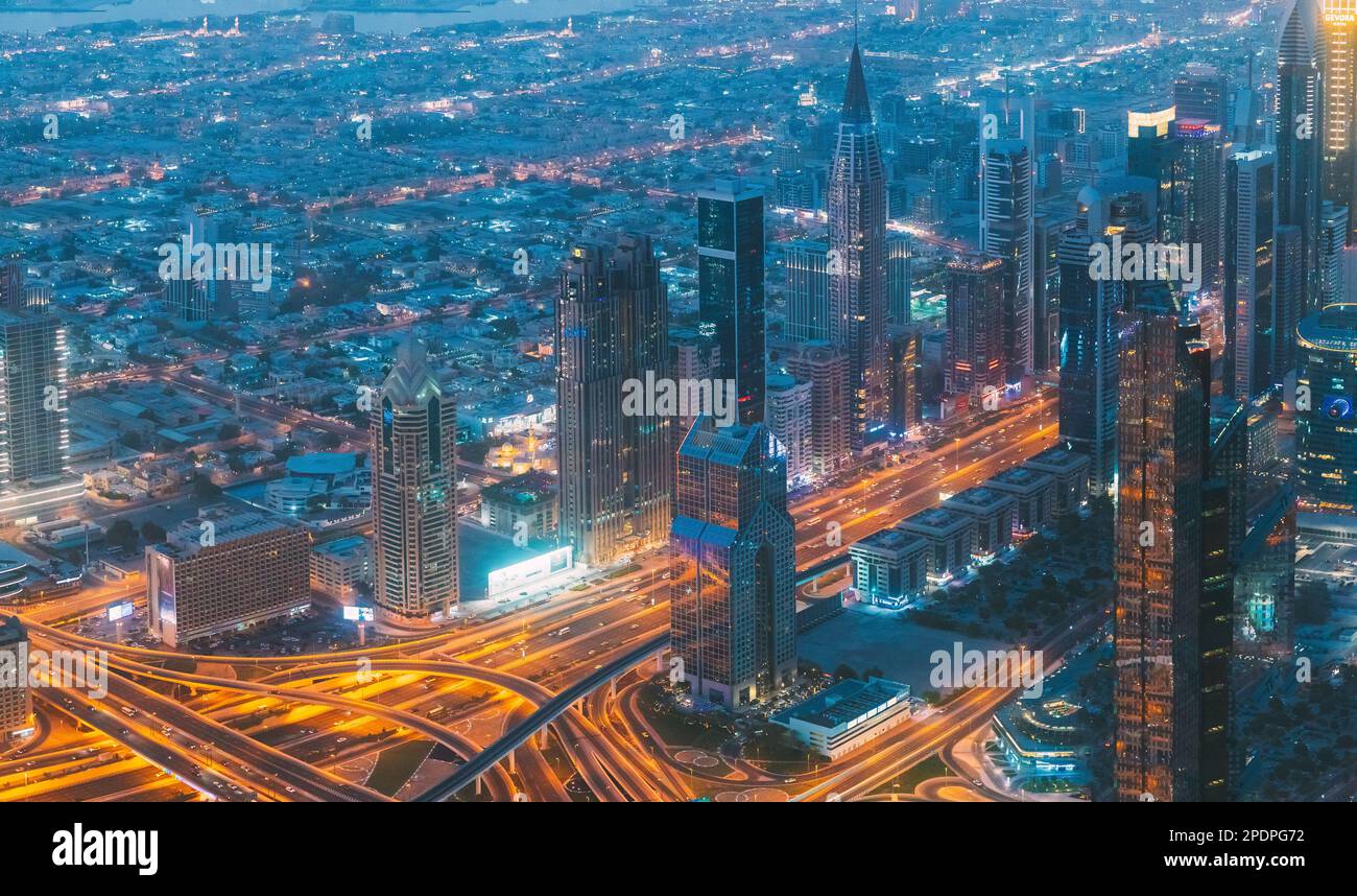 Aerial View Of Night Scenic View Of Dubai Skyline. Evening Night Scenic ...