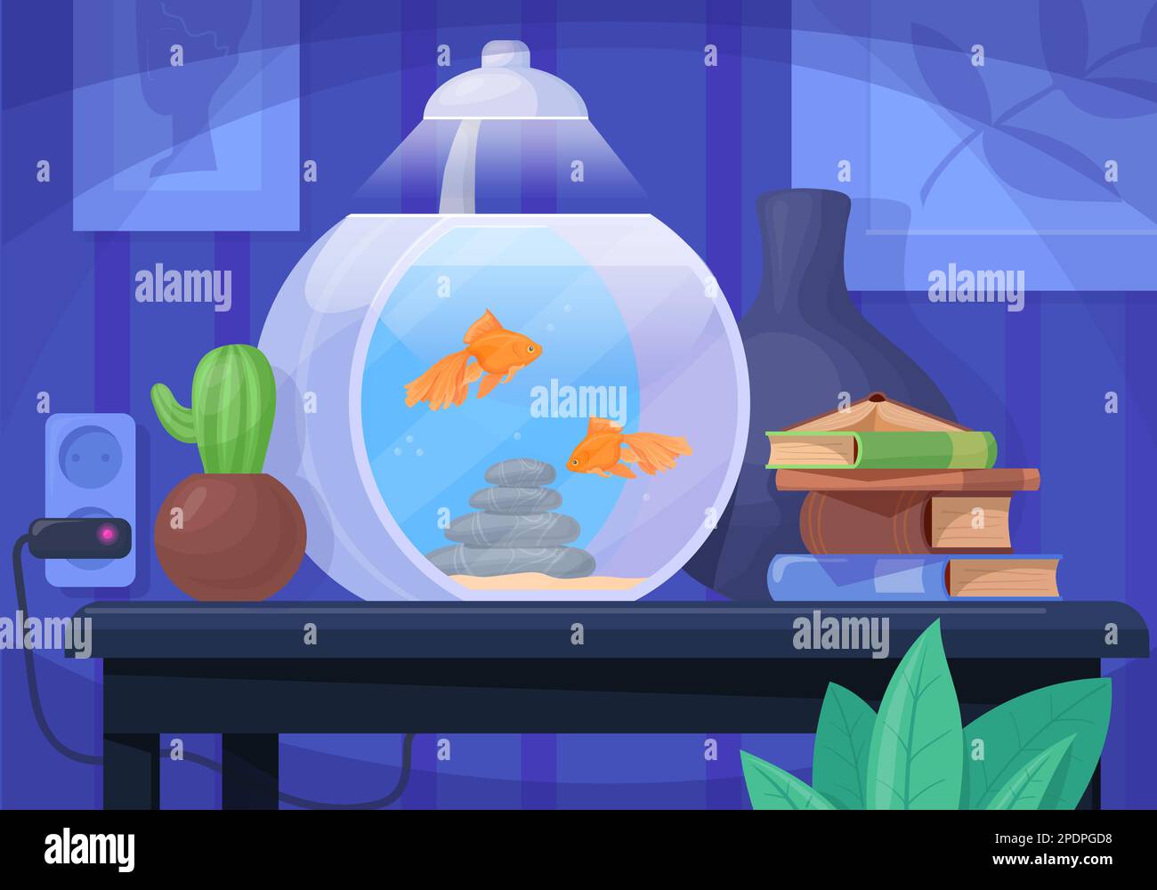 Indoor aquarium. Cartoon room interior with fish pet tank under lamp on ...