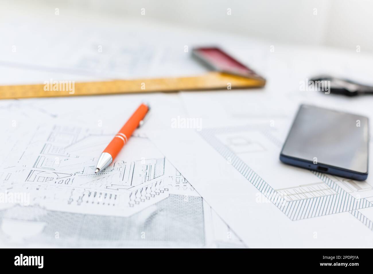 Construction blueprints with tools and tablet, top view Stock Photo - Alamy