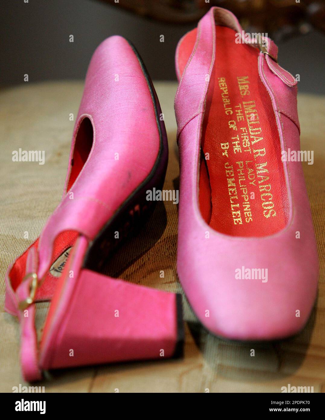 A shoe bearing the name of former first lady Imelda Marcos, widow of ...
