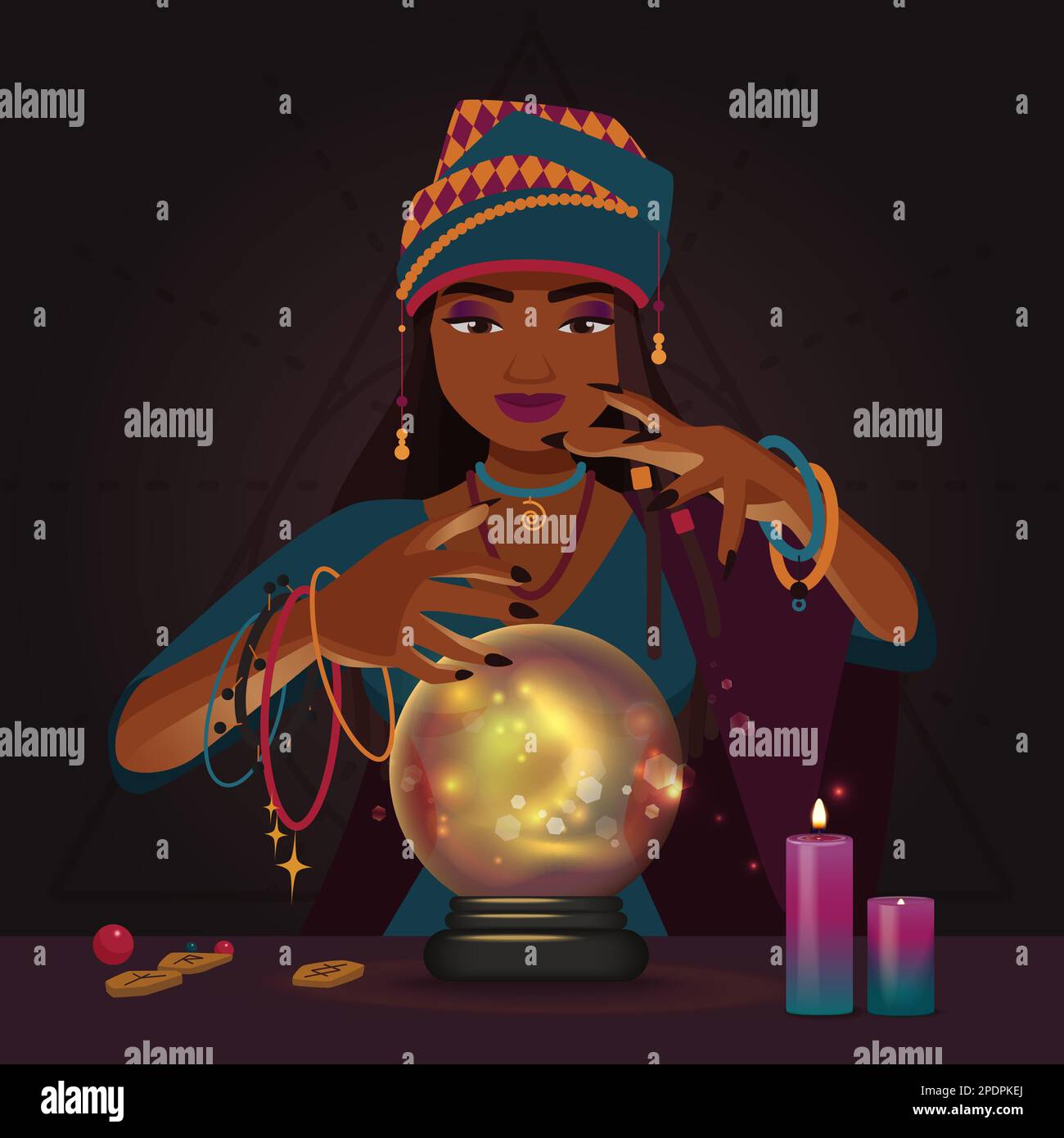 Seer with crystal ball telling future vector illustration. Cartoon ...