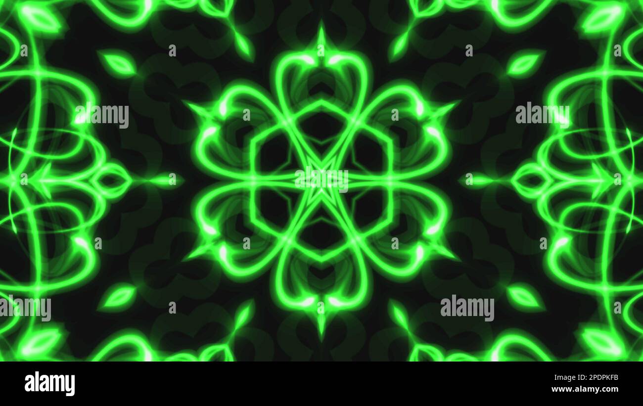 Glow shining green outline kaleidoscope background. 2D layout ...
