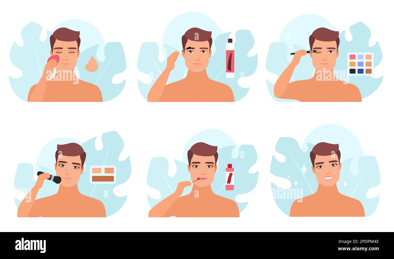 Makeup for man set vector illustration. Cartoon portrait of handsome ...