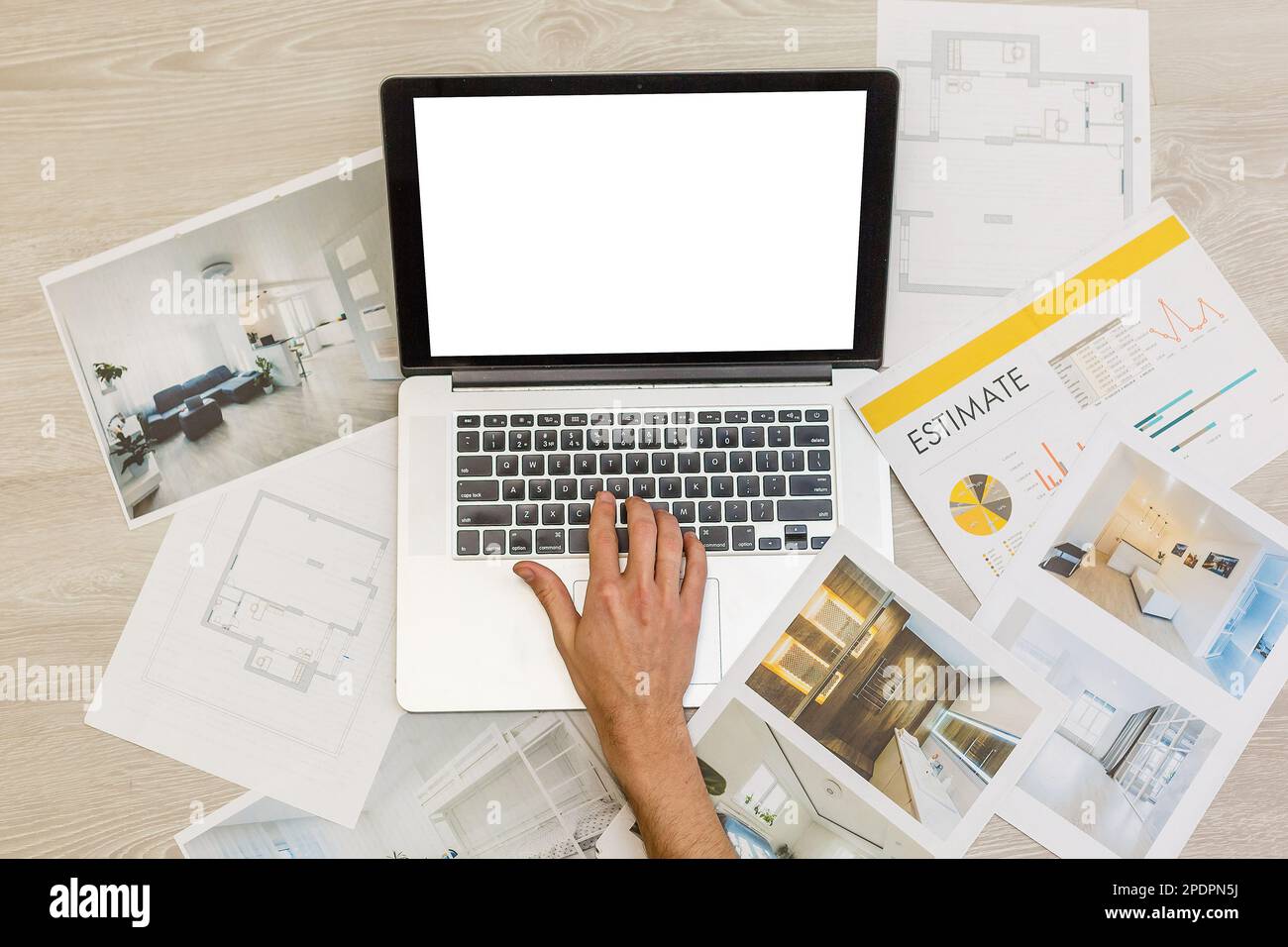 computer laptop on architectural drawing paper for construction white ...