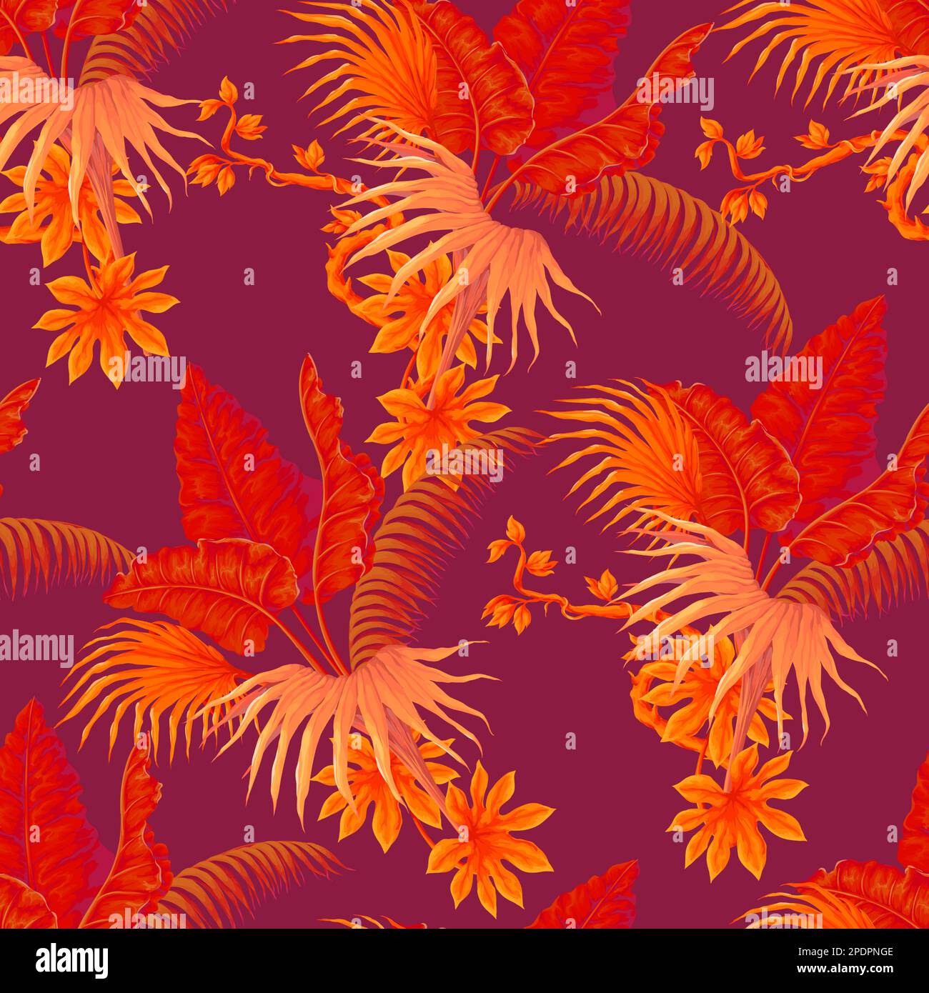 Orange seamless pattern with jungle plants and leaves in victorian ...