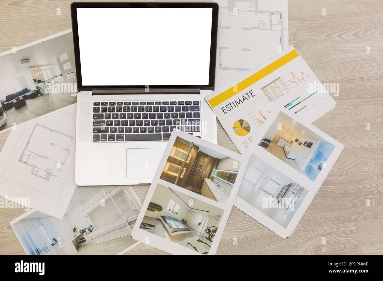 computer laptop on architectural drawing paper for construction white ...