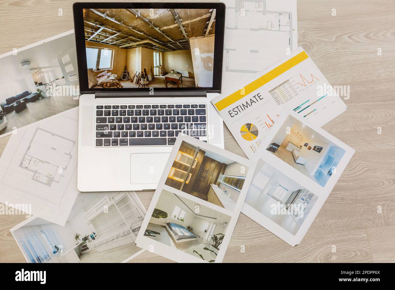 computer laptop on architectural drawing paper for construction Stock ...