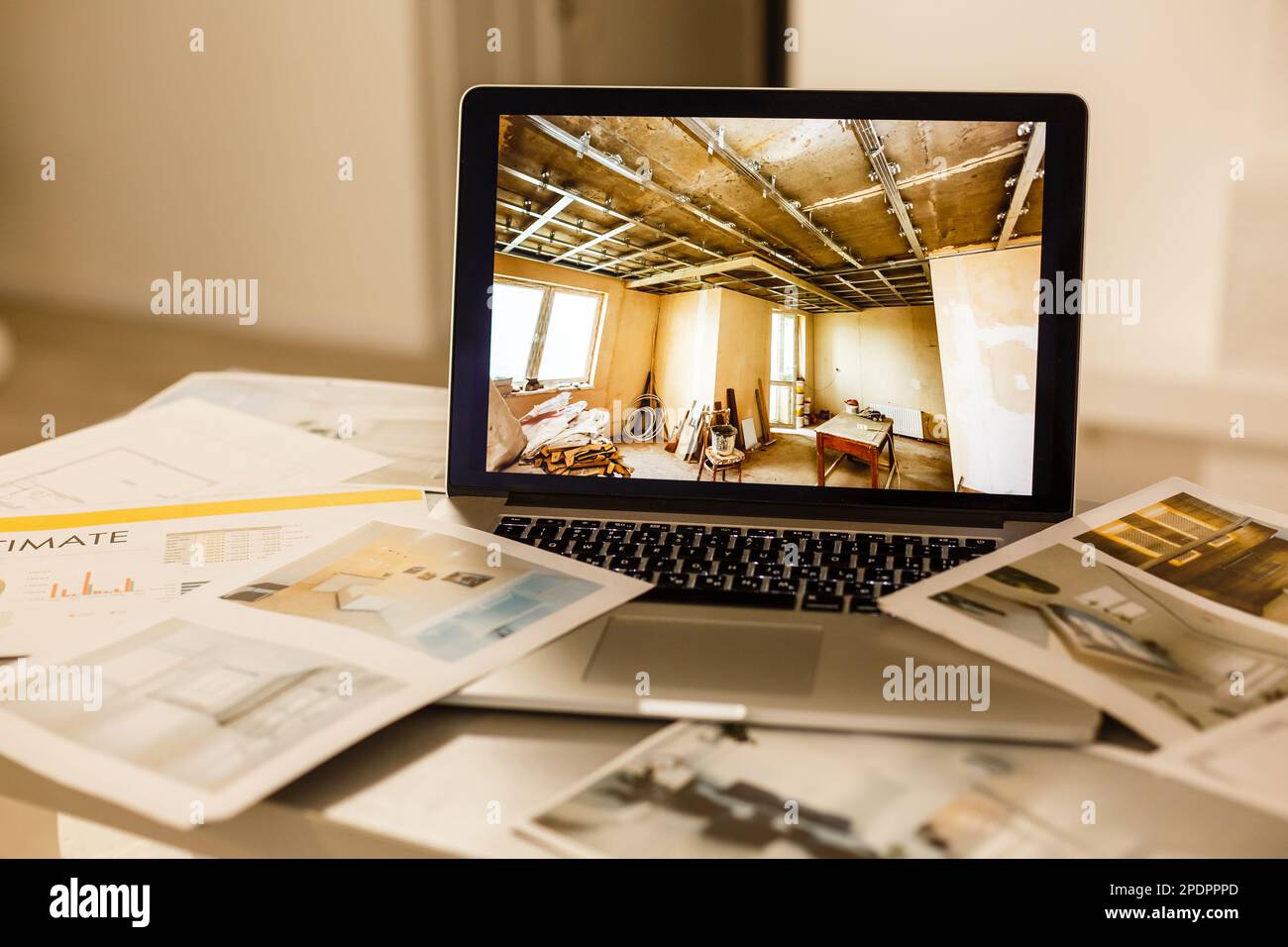 computer laptop on architectural drawing paper for construction Stock ...