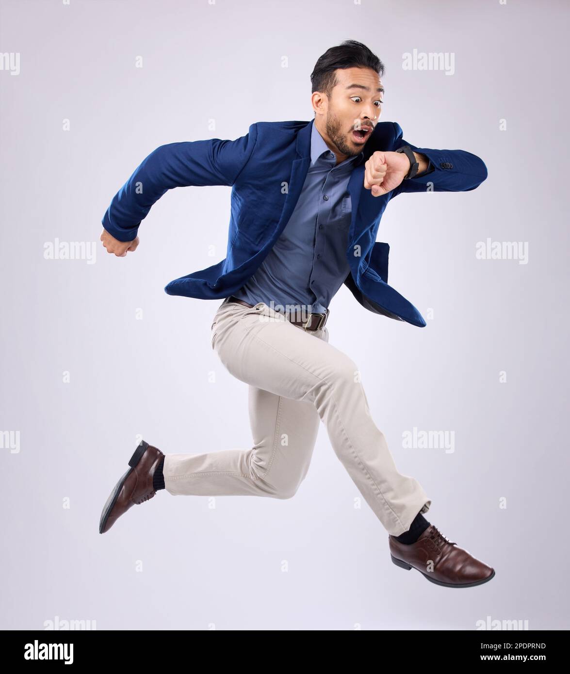 Wristwatch, jump and Asian man late, appointment and employee against a ...