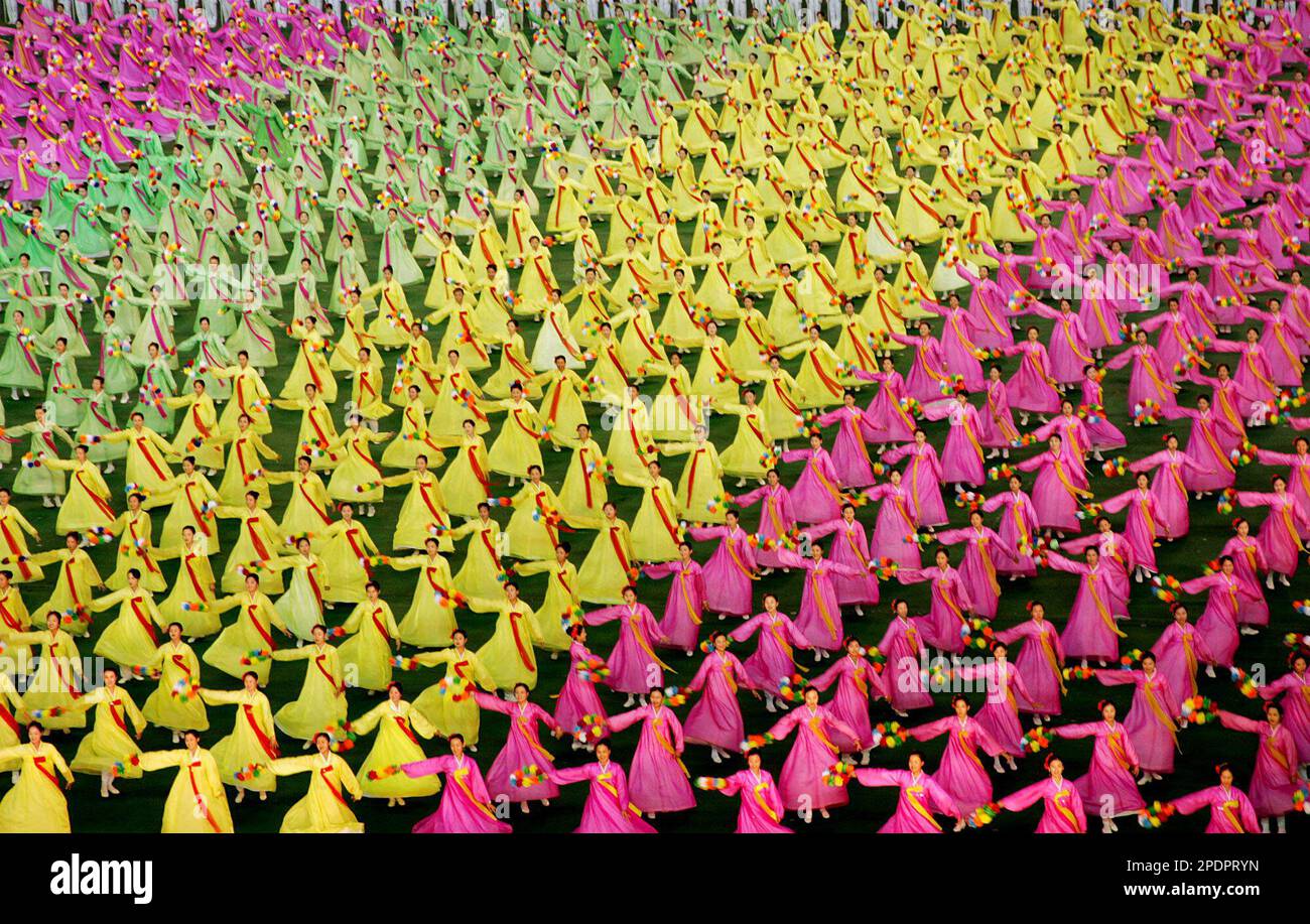 North Korean students conduct a mass performance during the Arirang ...