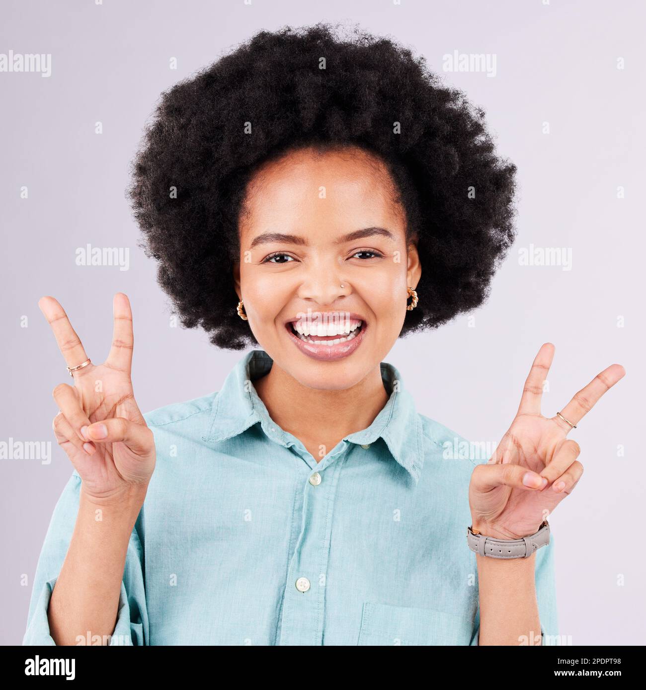 Happy, peace sign and portrait of black woman in studio for positive ...