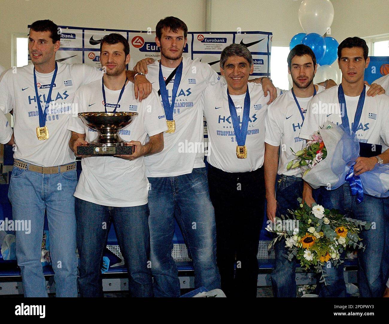 Greece's national basketball team, from left to right; captain Michalis ...