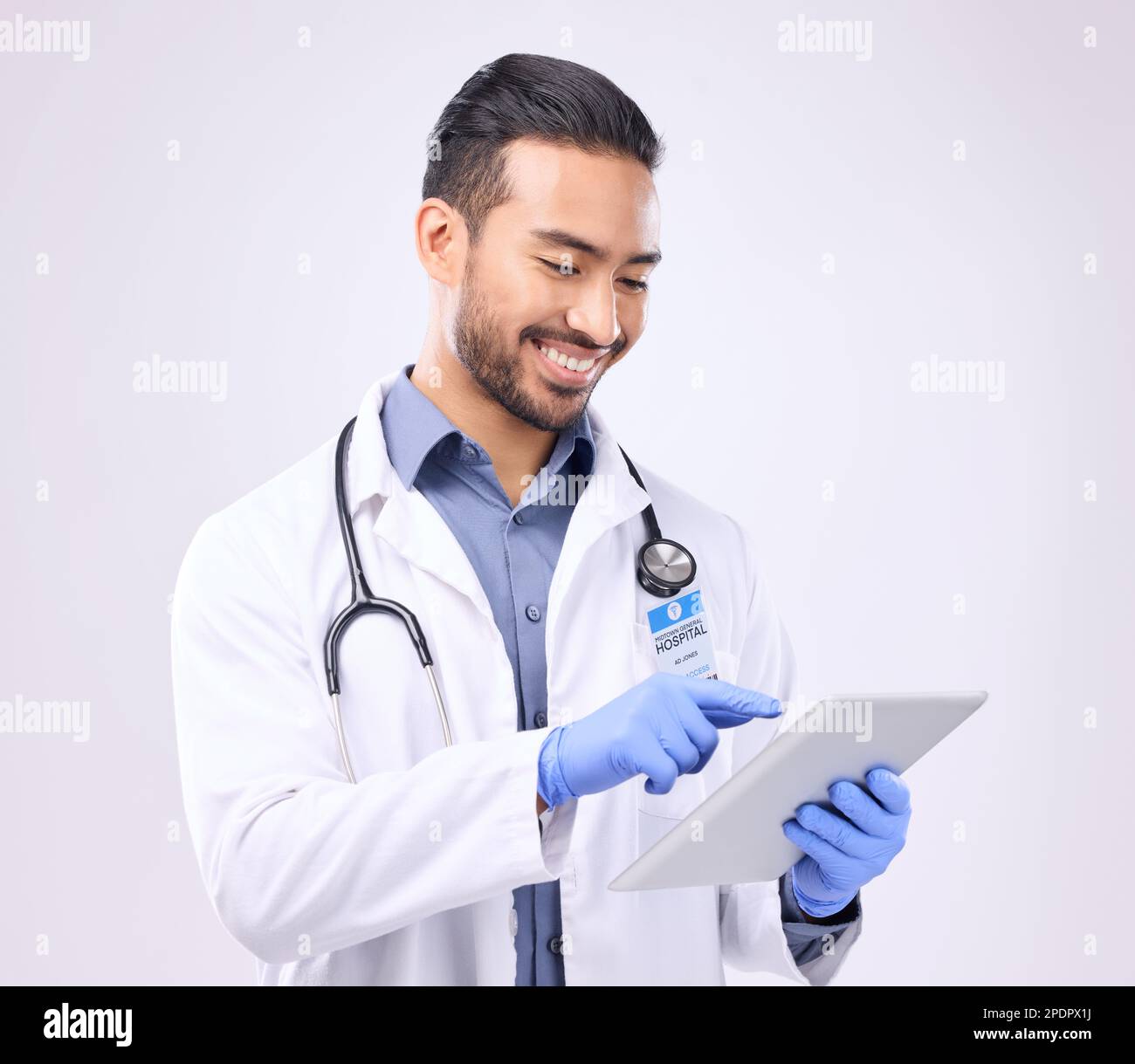 Mockup, man and doctor with tablet, healthcare and success against a ...