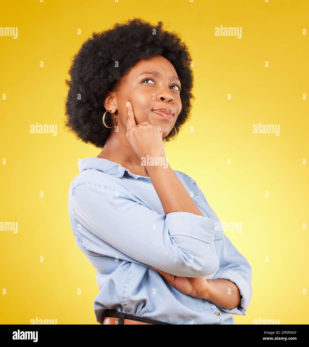 Thinking, confused and black woman in studio pensive, puzzled and ...