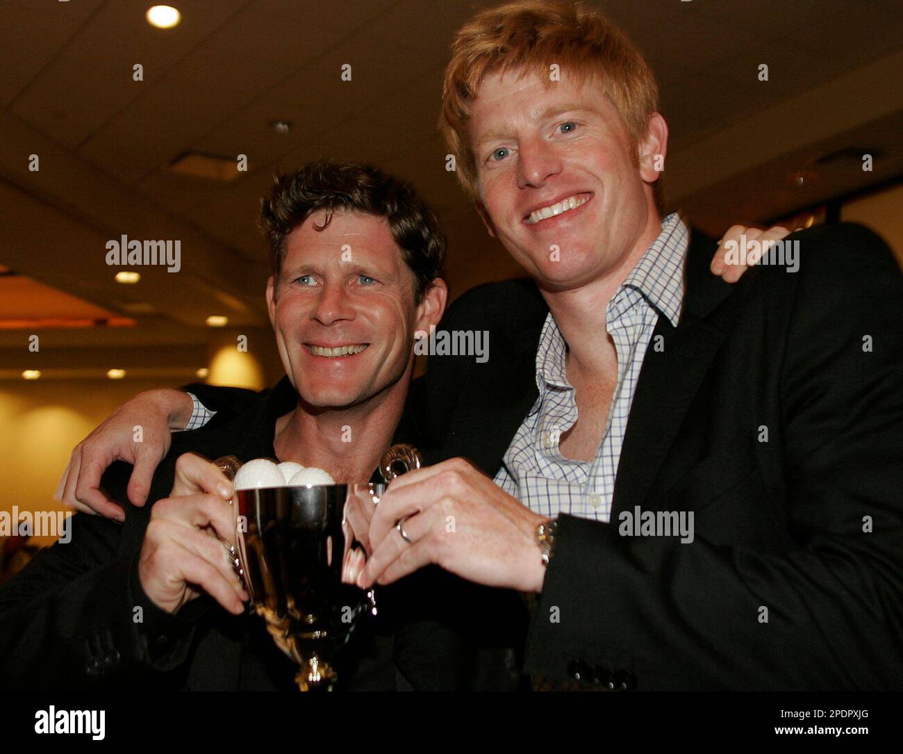 Actors Michael Weaver, right, and George Asprey celebrate the premiere ...