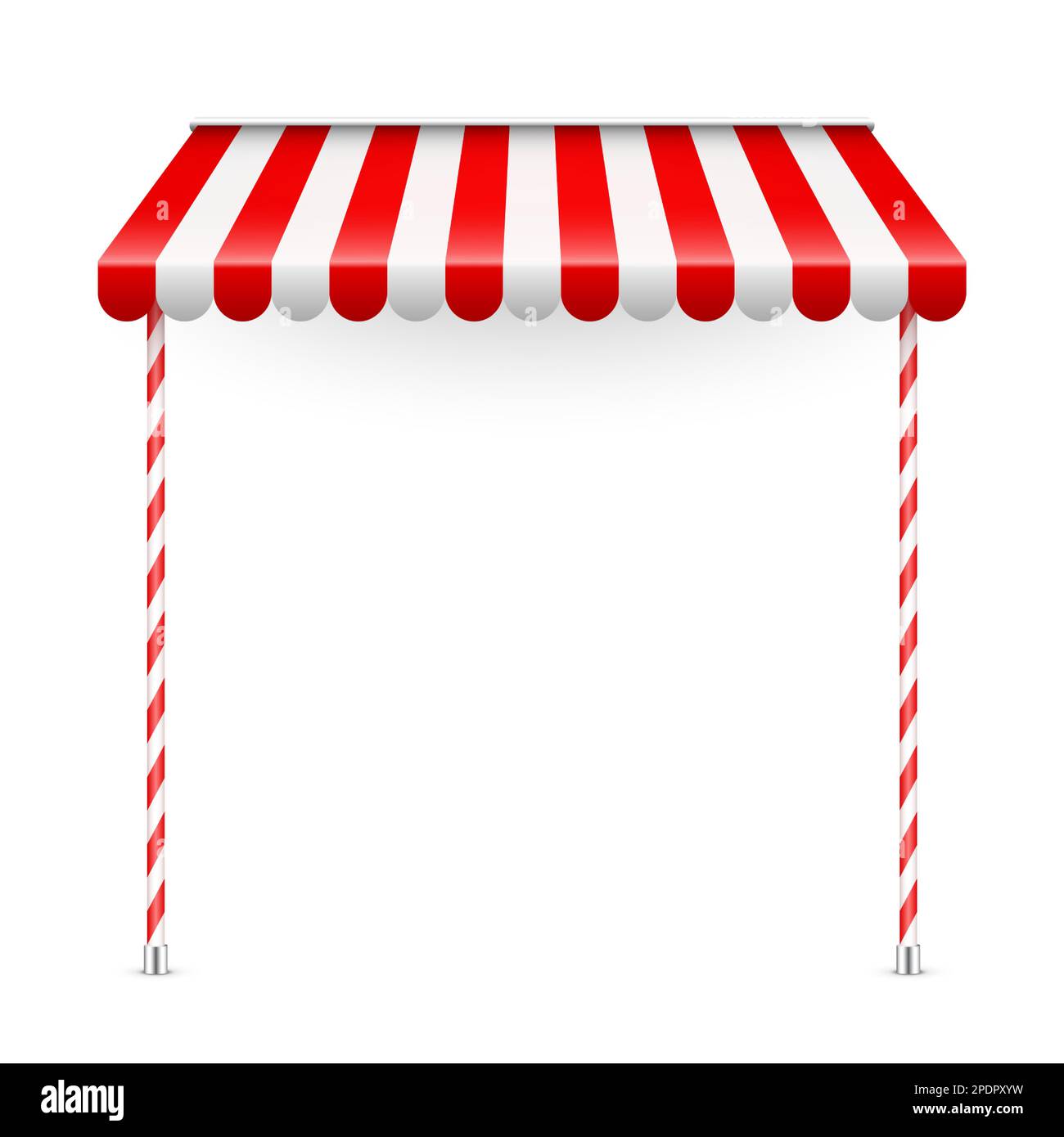Red shop sunshade with stand holders. Realistic striped cafe awning ...