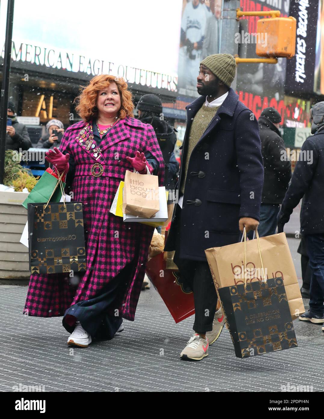 Melissa McCarthy and Paapa Essiedu pictured filming at the 'Bernard and The Genie' set in Times ...