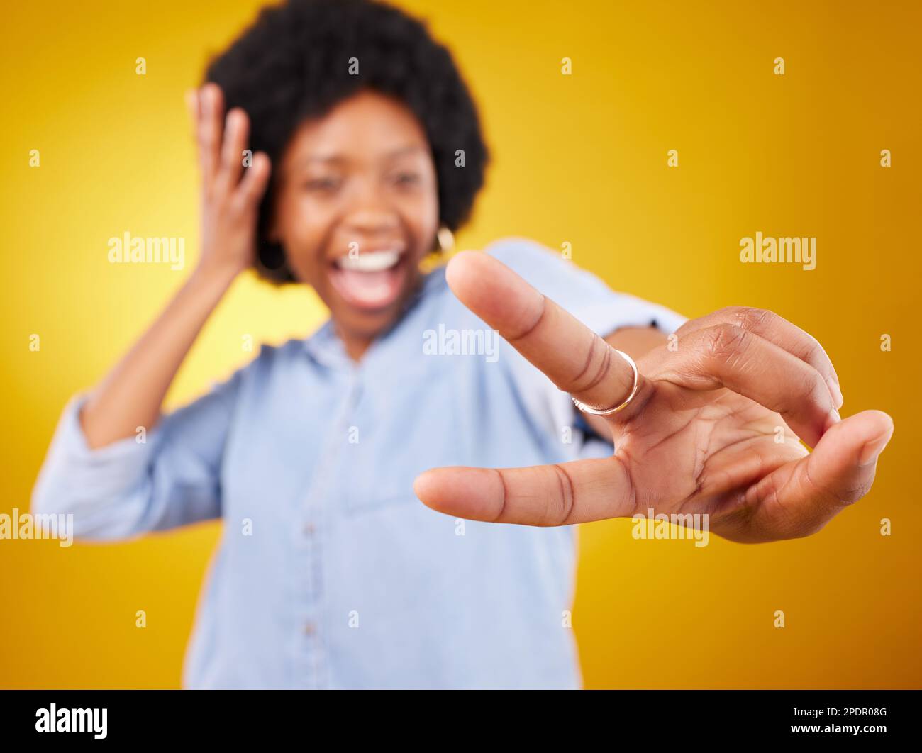 Happy, peace sign and hand of a black woman in studio with a positive ...