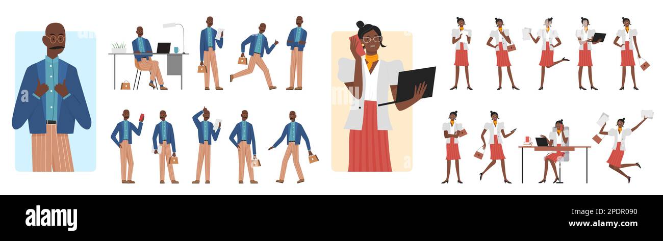 Cartoon isolated busy dark skin businessman businesswoman office outfit ...