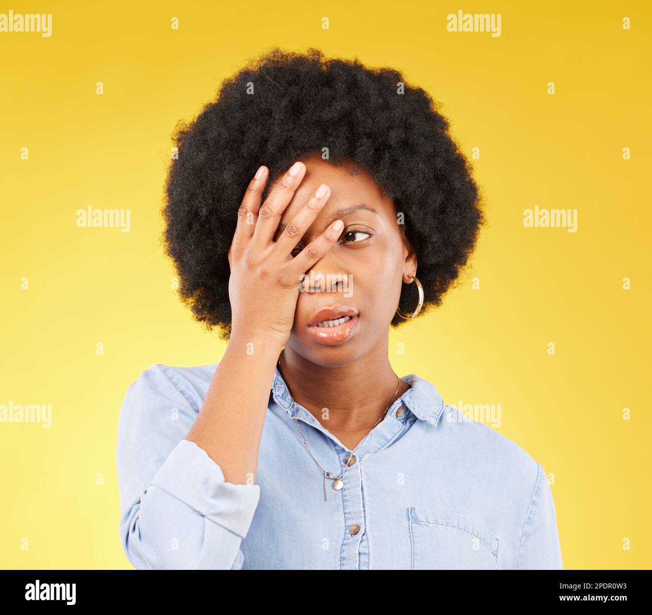 Frustrated, stress and angry with black woman in studio for tired ...