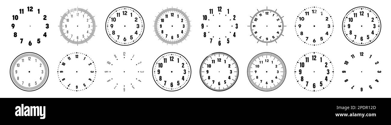 Mechanical clock faces with arabic numerals, bezel. Watch dial with minute, hour marks and ...