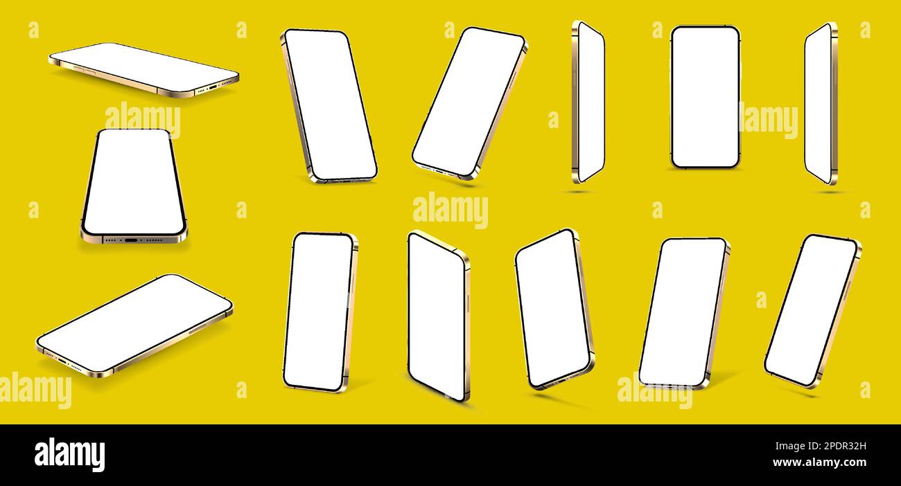 Golden mobile phone mockups in realistic style and different angles ...