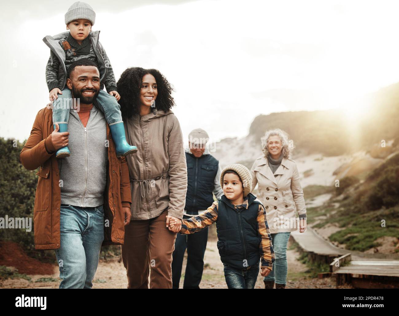 Family hiking outdoor, together with nature and happiness, bonding and ...