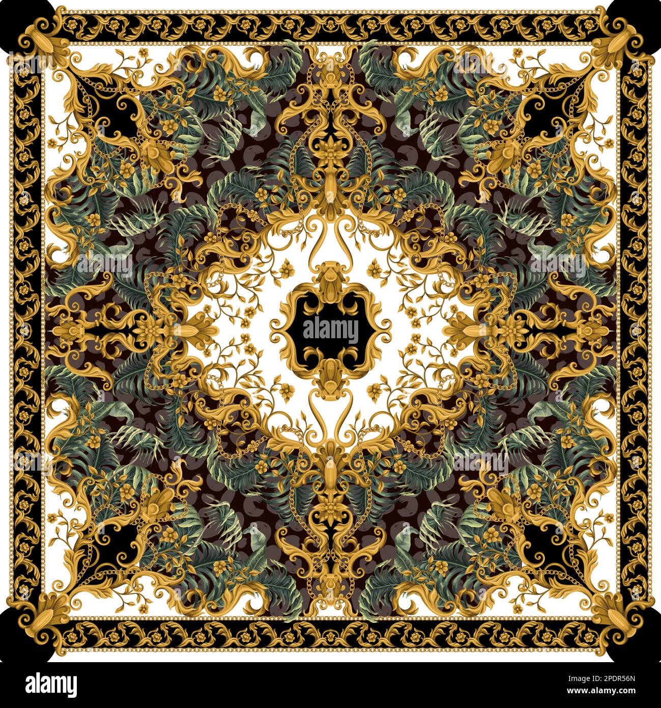 Design scarf with baroque elements and tropical leaves. Vector Stock ...