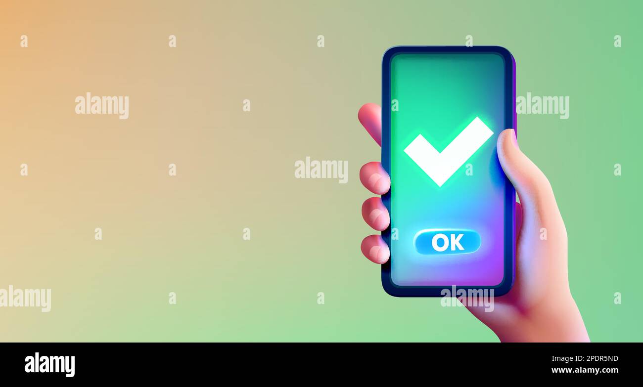Button to confirm the action in the phone, the hand holds the device ...