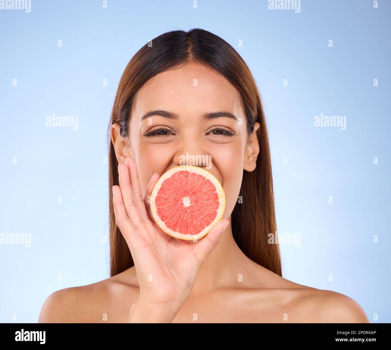 Grapefruit, woman and beauty face portrait for skincare dermatology and ...